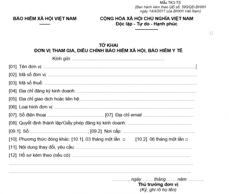 Tải Mẫu TK3-TS: Tờ Khai Đơn Vị Tham Gia, Điều Chỉnh BHXH, BHYT